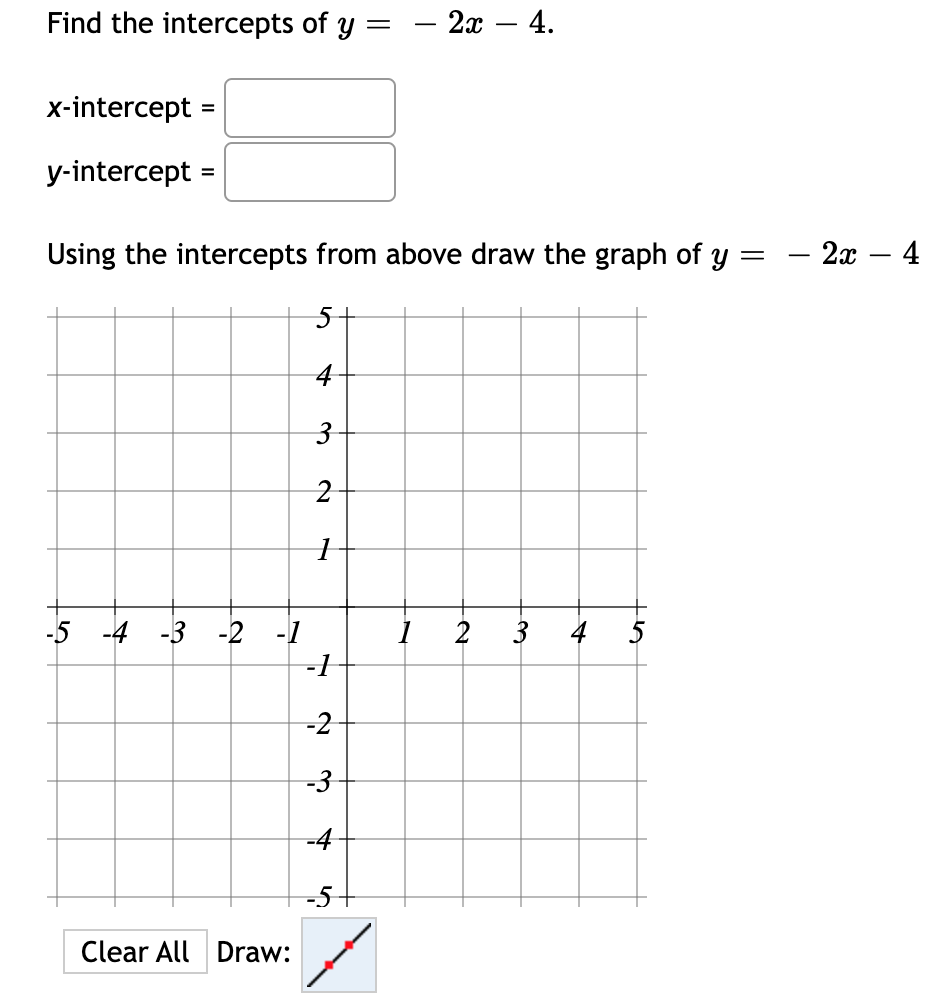 Solved Find the intercepts of y=−2x−4. x-intercept = | Chegg.com