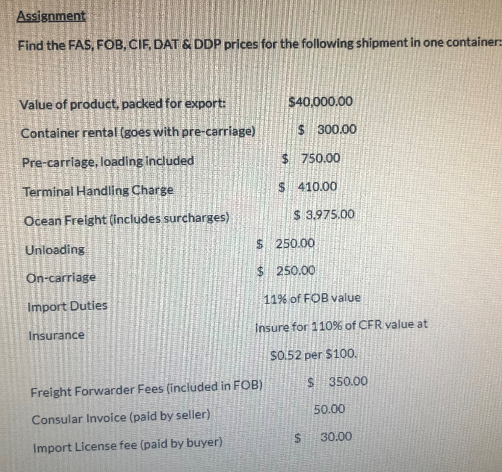 Solved Assignment Find the FAS, FOB, CIF, DAT & DDP prices | Chegg.com