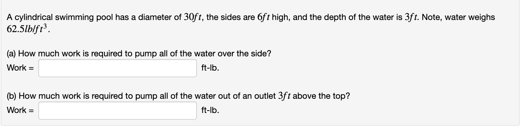 Solved A cylindrical swimming pool has a diameter of 30ft, | Chegg.com