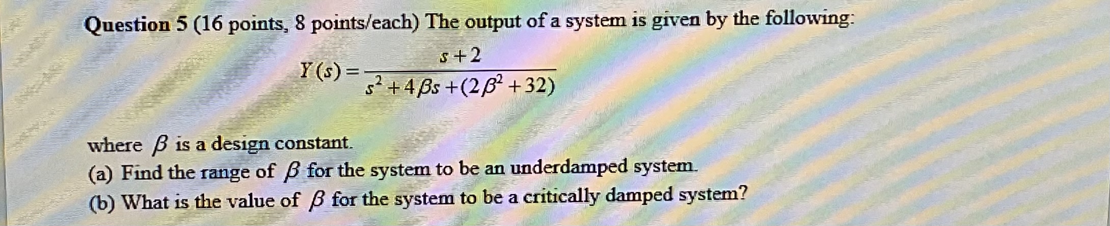 Solved Y(s)=s2+4βs+(2β2+32)s+2 where β is a design constant. | Chegg.com