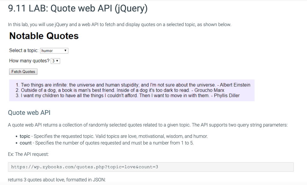 9.11 LAB: Quote web API (jQuery) In this lab, you | Chegg.com