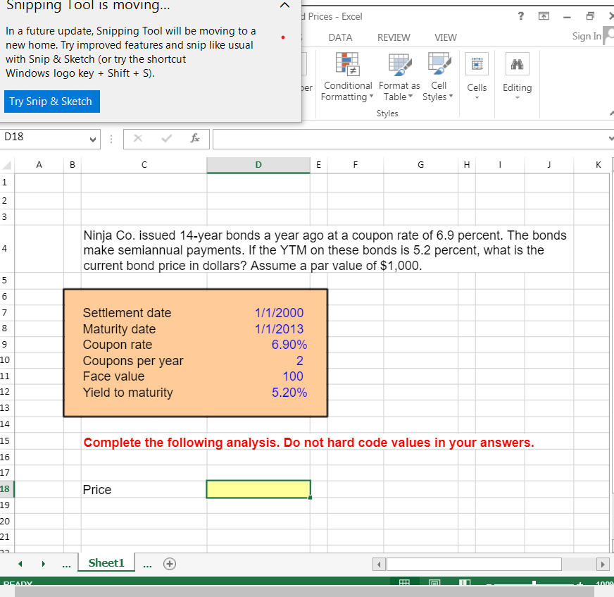 Solved Snipping Tool is moving... ? Prices - Excel DATA - | Chegg.com