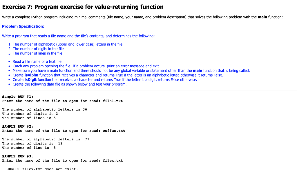 Solved Exercise 7: Program exercise for value-returning | Chegg.com