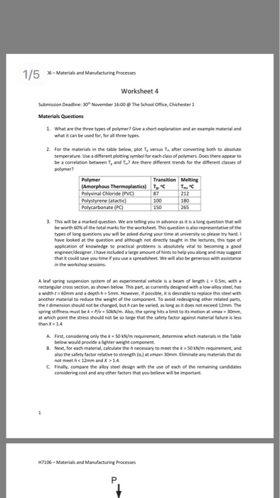 Solved ½-Materials and Manufacturing Processes Worksheet 4 | Chegg.com