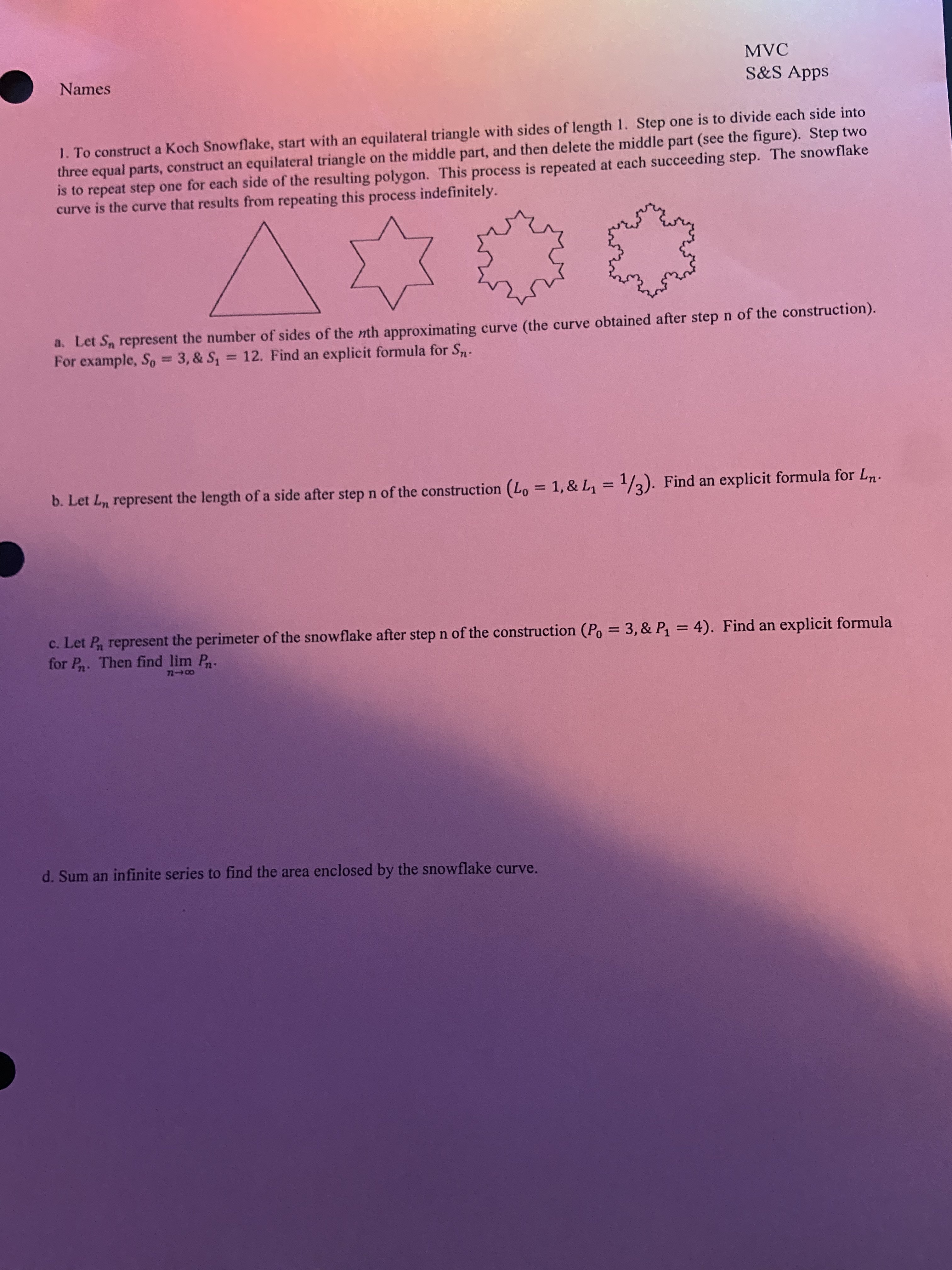 Solved 1. To construct a Koch Snowflake, start with an | Chegg.com