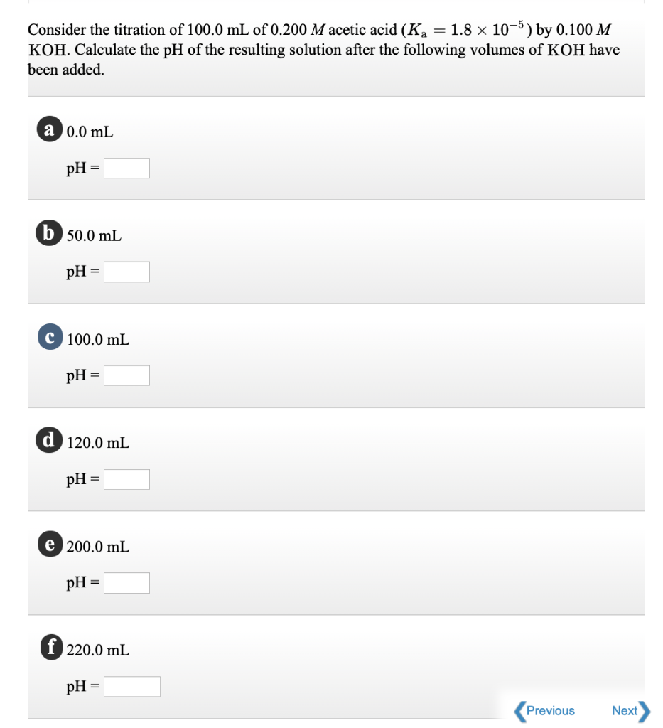 Solved Consider the titration of 100.0 mL of 0.200 M acetic | Chegg.com