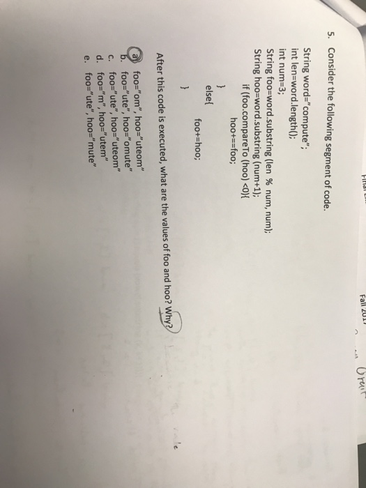 Solved 5. Consider the following segment of code. String | Chegg.com