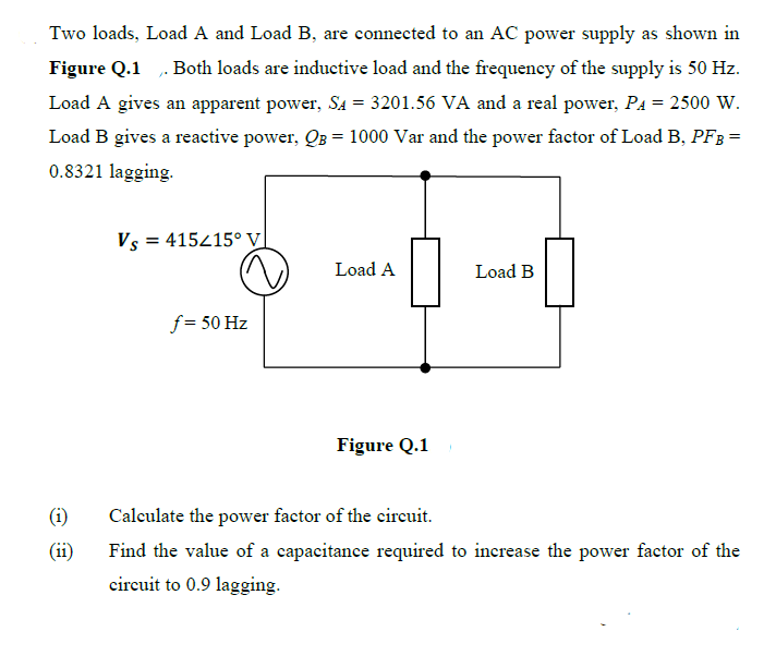 Solved Two loads, Load A and Load B, are connected to an AC | Chegg.com