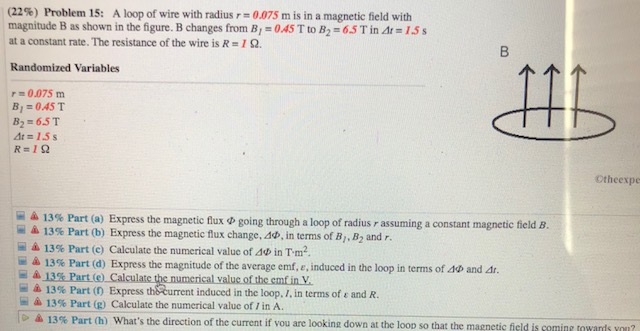 Solved (22%) Problem 15: A loop of wire with radius r 0.075 | Chegg.com
