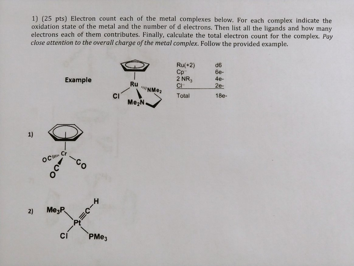 Solved 1) (25 pts) Electron count each of the metal | Chegg.com