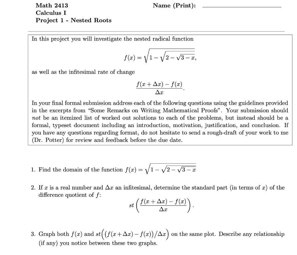Name (Print): Math 2413 Calculus I Project 1 - Nested | Chegg.com