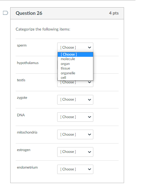 Solved Question 26 4 pts Categorize the following items: | Chegg.com