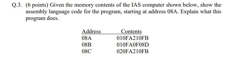 Solved Q.3. (6 points) Given the memory contents of the IAS | Chegg.com