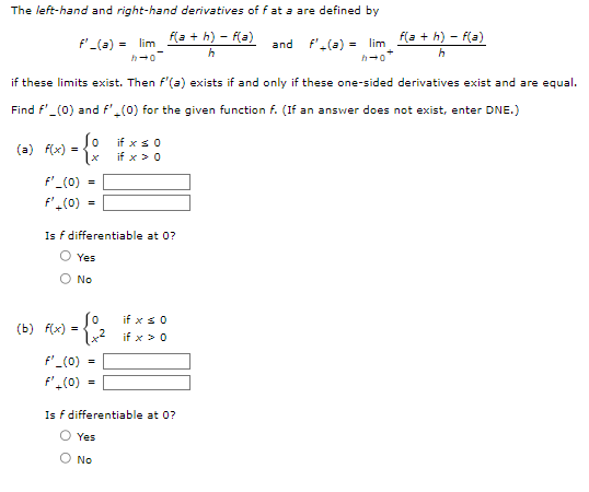 Solved The left-hand and right-hand derivatives of f at a | Chegg.com