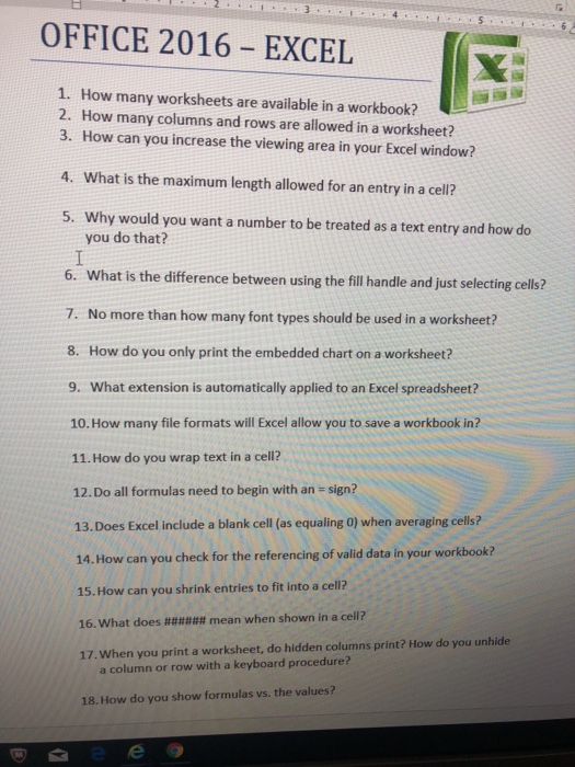 Solved OFFICE 2016- EXCEL 1. How many worksheets are | Chegg.com