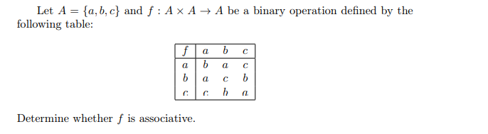Solved Let A = {a,b,c} and f: Ax A + A be a binary operation | Chegg.com
