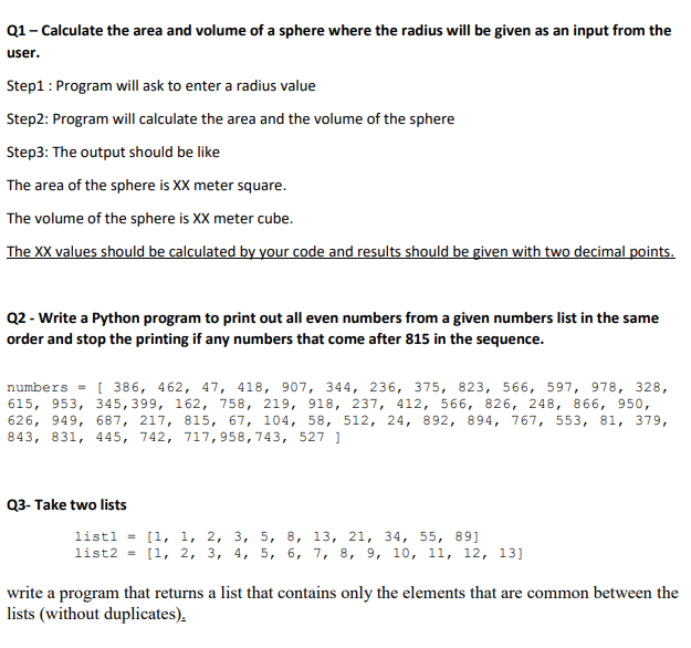 Solved Q1 - Calculate the area and volume of a sphere where | Chegg.com