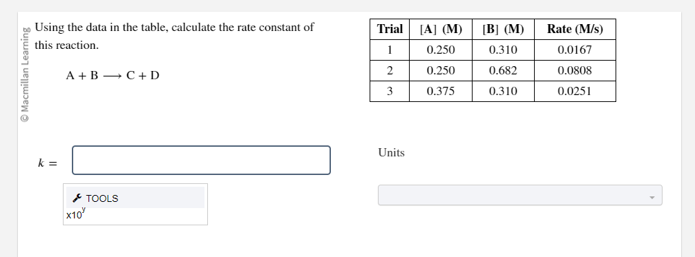 [Solved]: Using the data in the table, calculate the rate