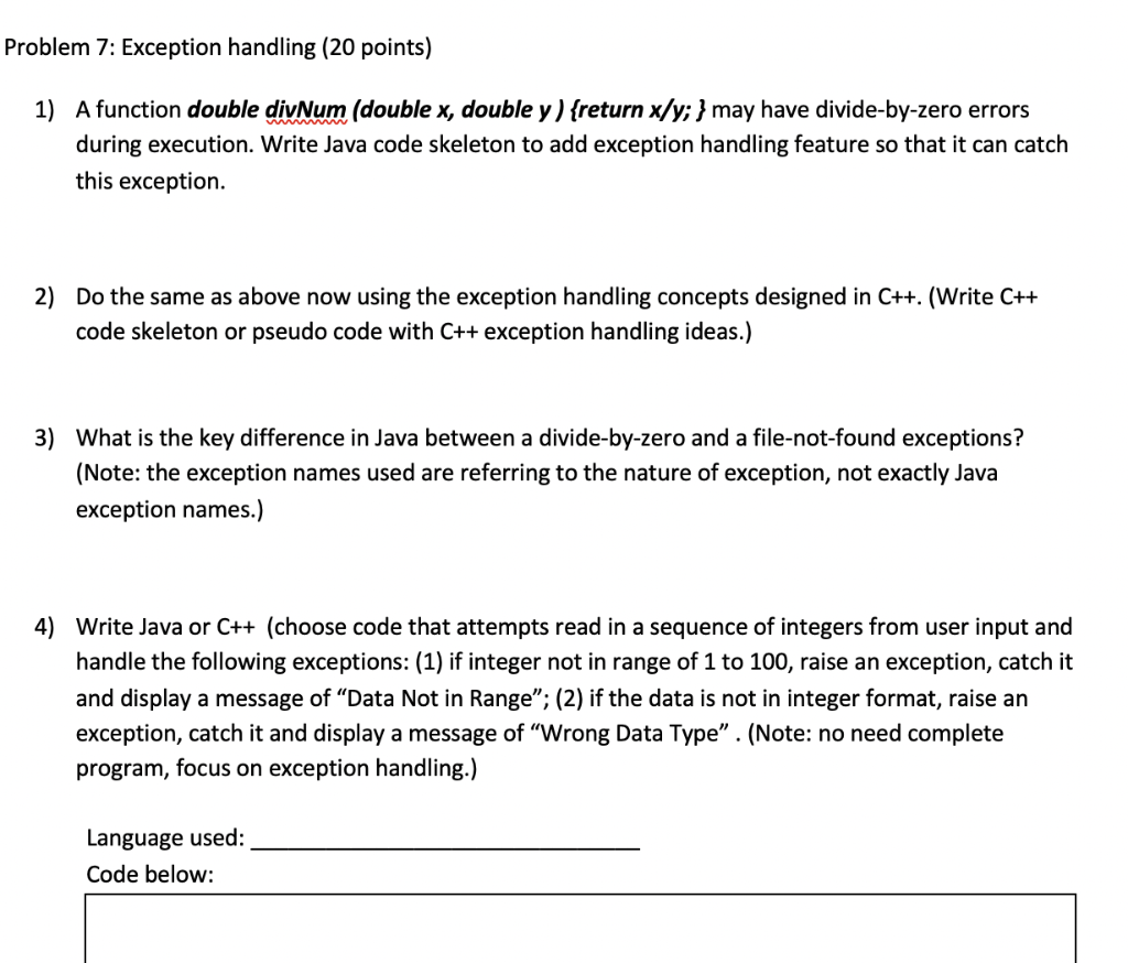 Solved Problem 7: Exception handling (20 points) 1) A | Chegg.com