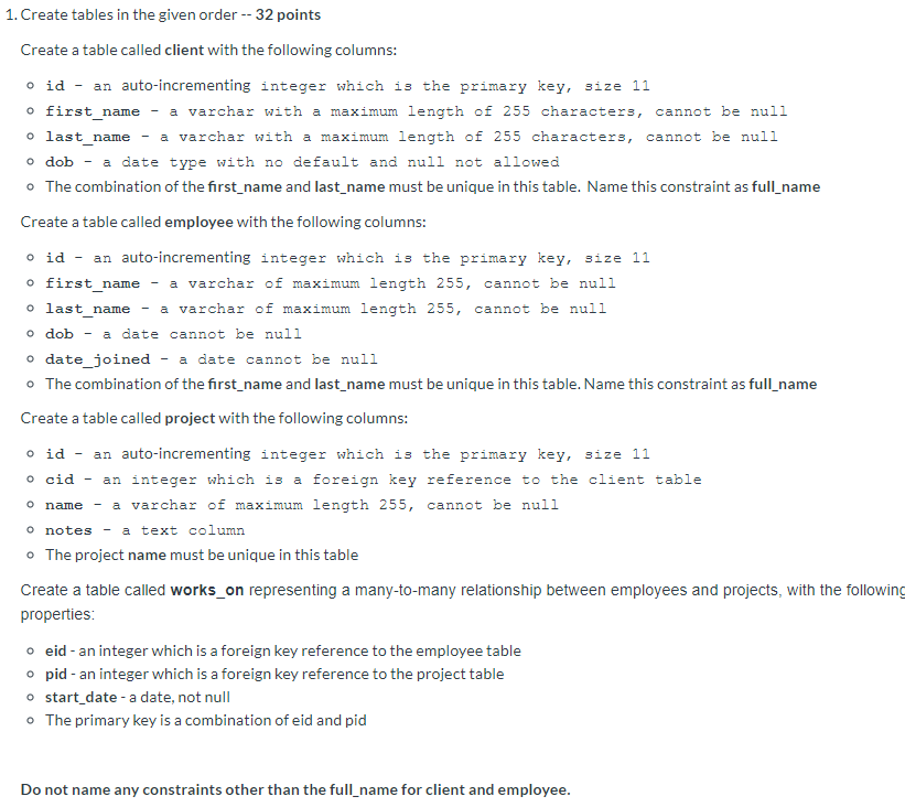 Solved Create a table called 'client' with the | Chegg.com