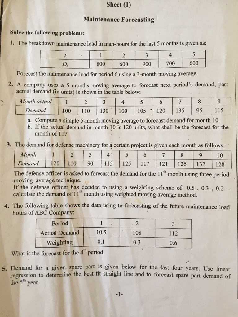 Solved Sheet (1) Maintenance Forecasting Solve the following | Chegg.com