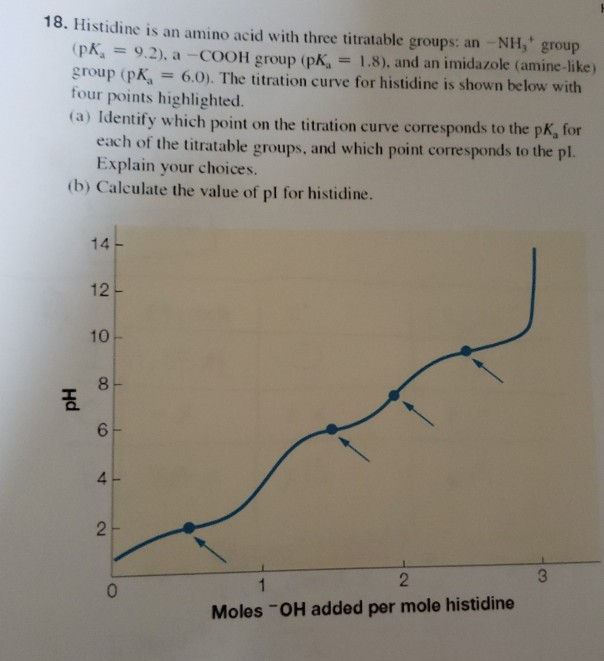 Solved 18. Histidine is an amino acid with three titratable | Chegg.com