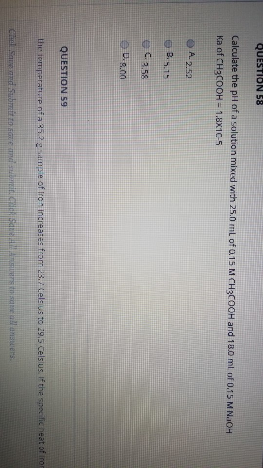 Solved QUESTION 58 Calculate the pH of a solution mixed | Chegg.com