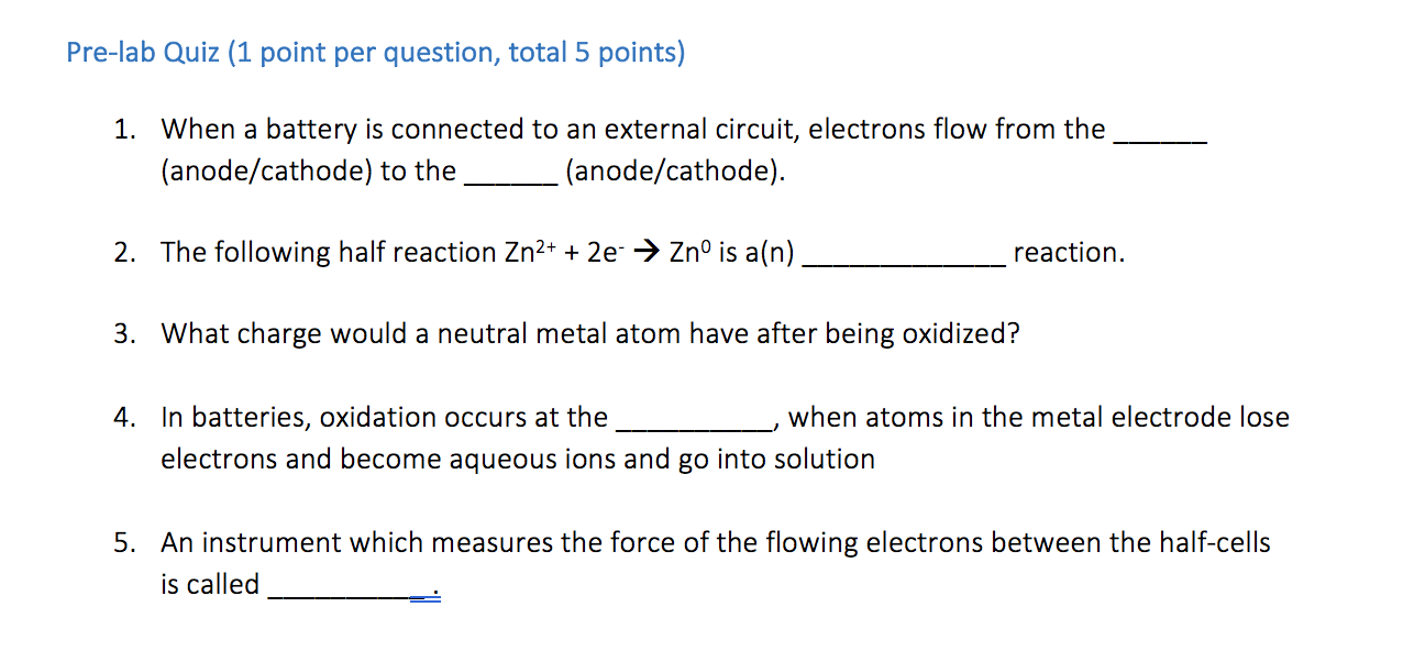 Solved Pre-lab Quiz (1 point per question, total 5 points) | Chegg.com