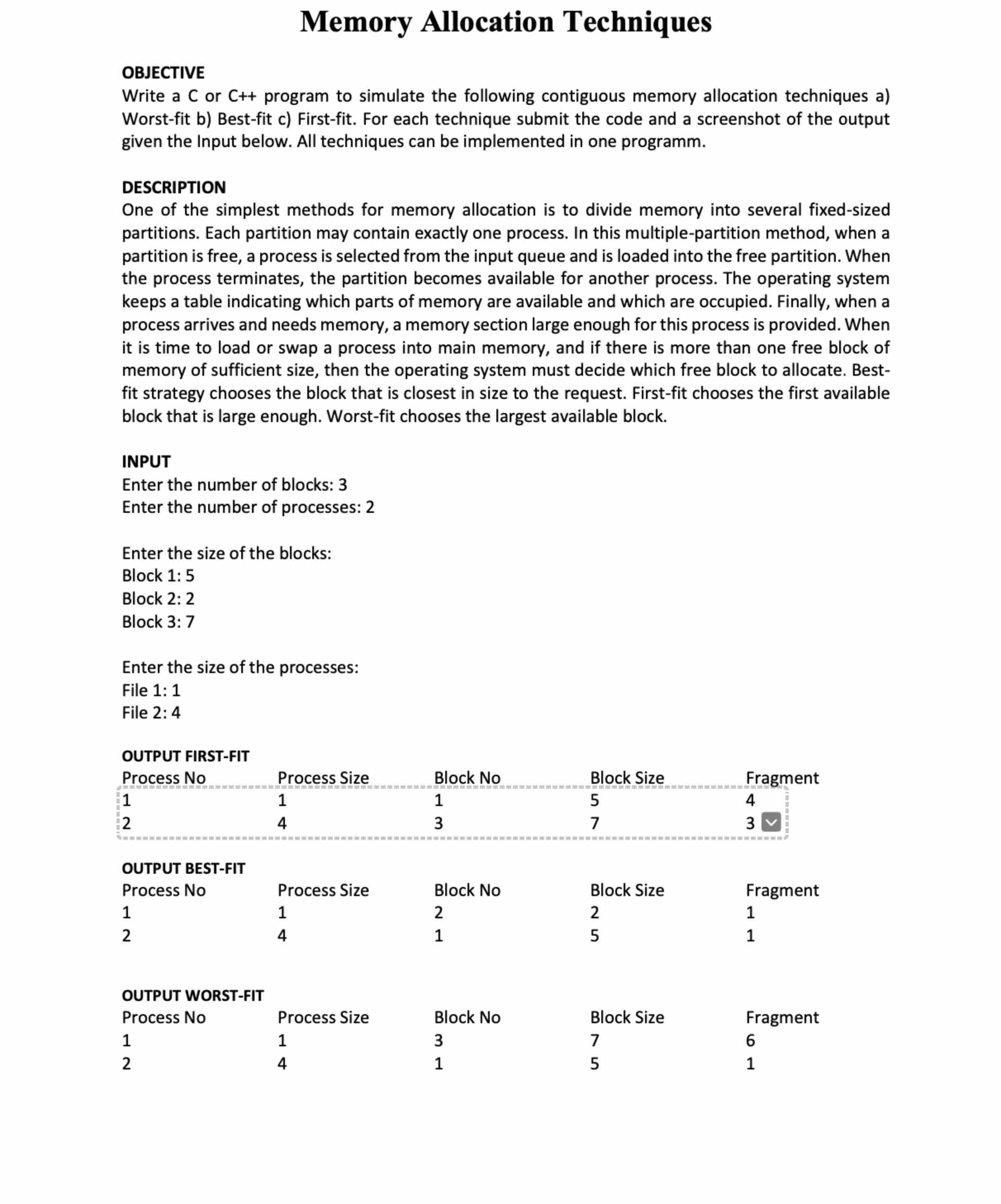 Solved Memory Allocation Techniquesobjectivewrite A C ﻿or