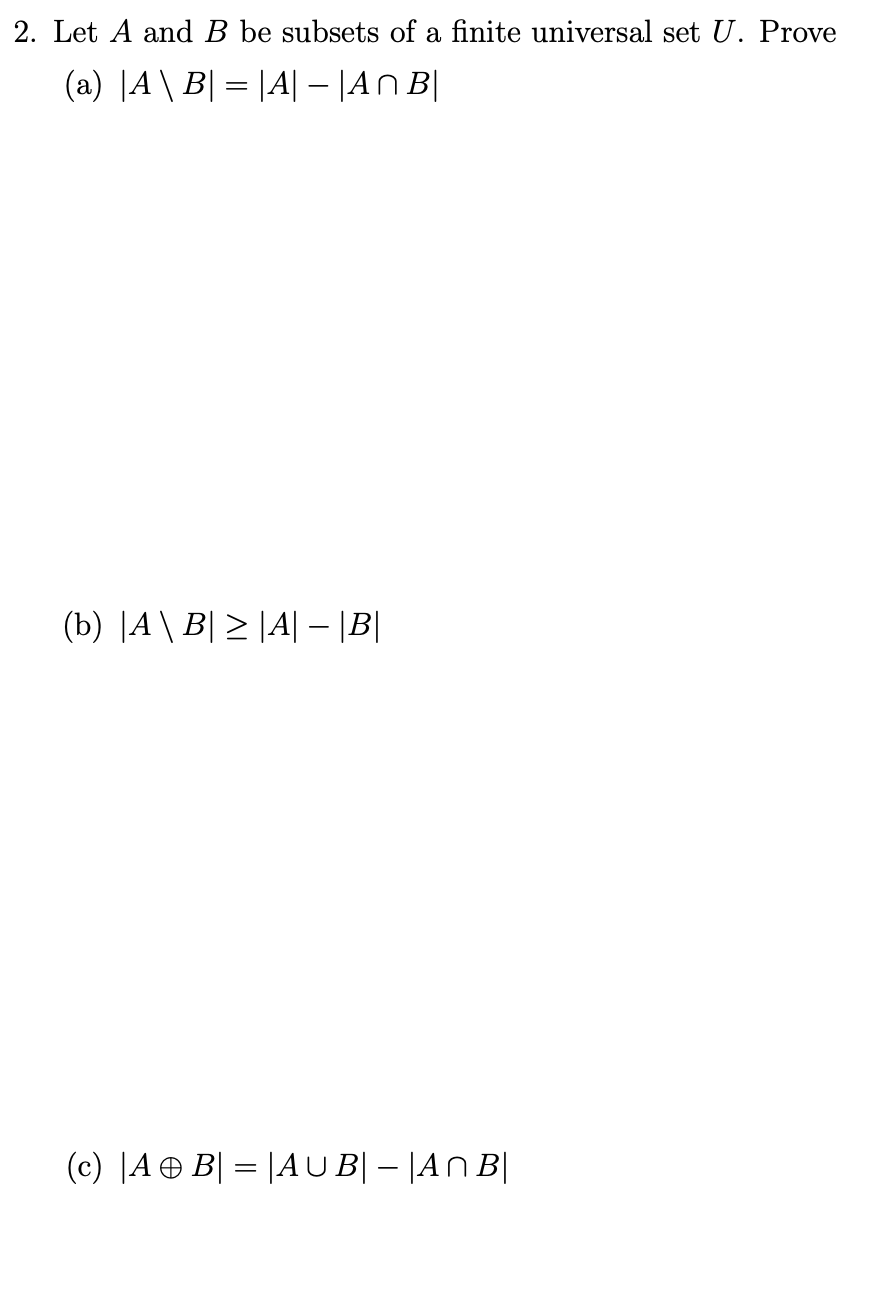 Solved 2. Let A and B be subsets of a finite universal set | Chegg.com