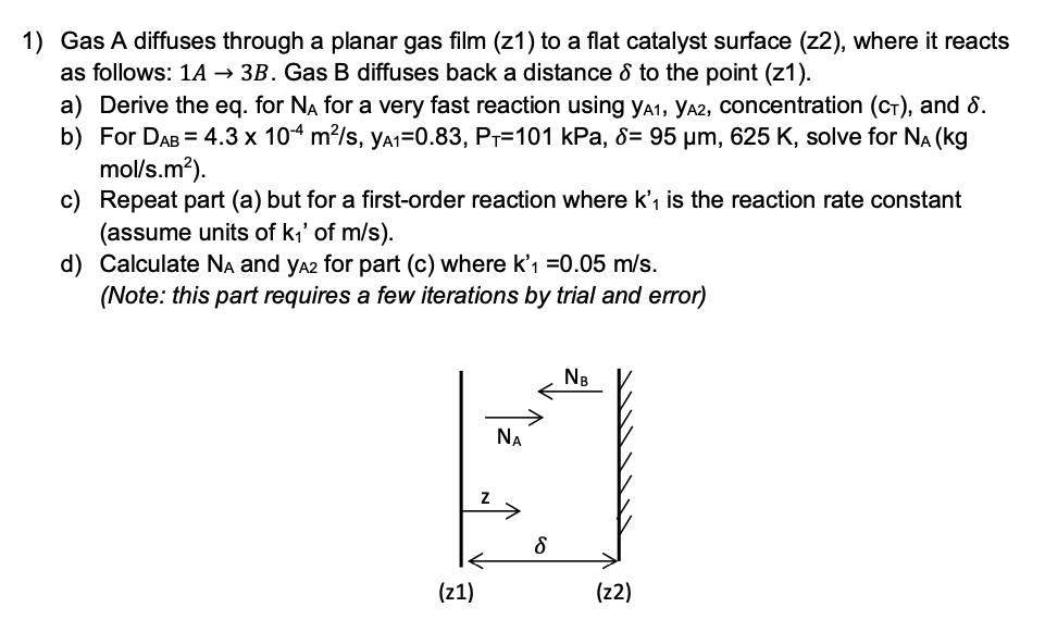 Solved 1) Gas A diffuses through a planar gas film (z1) to a | Chegg.com