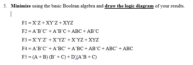 Solved 5. Minimize using the basic Boolean algebra and draw | Chegg.com