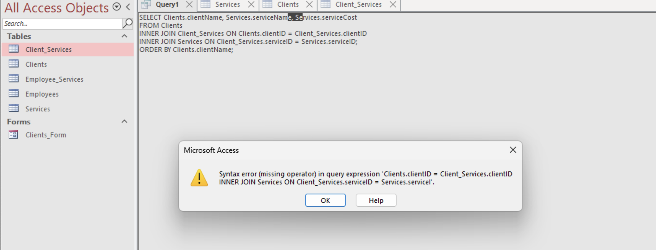 Solved SELECT Clients.clientName, Services,serviceName, | Chegg.com
