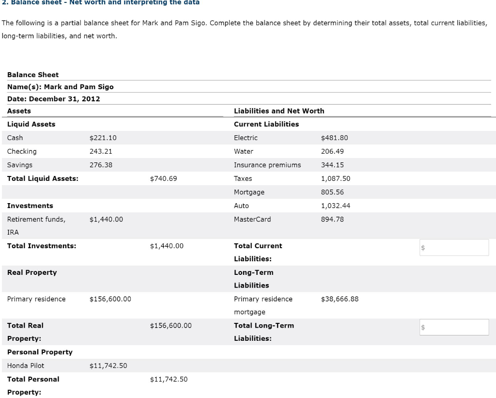 Solved 2. Balance sheet - Net worth and interpreting the | Chegg.com