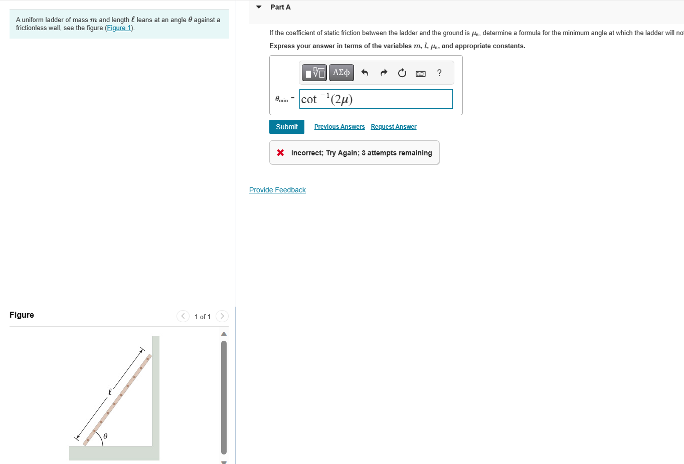 Solved A uniform ladder of mass m and length ℓ leans at an | Chegg.com