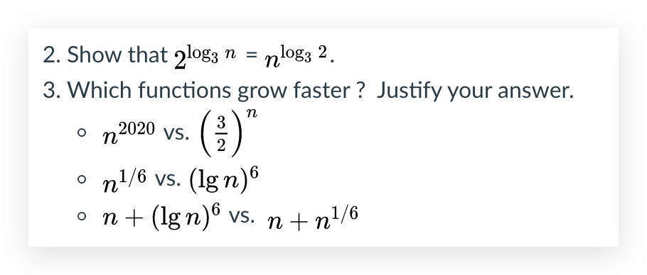 Solved nlog; 2. п 2. Show that 2log3 n = 3. Which functions | Chegg.com