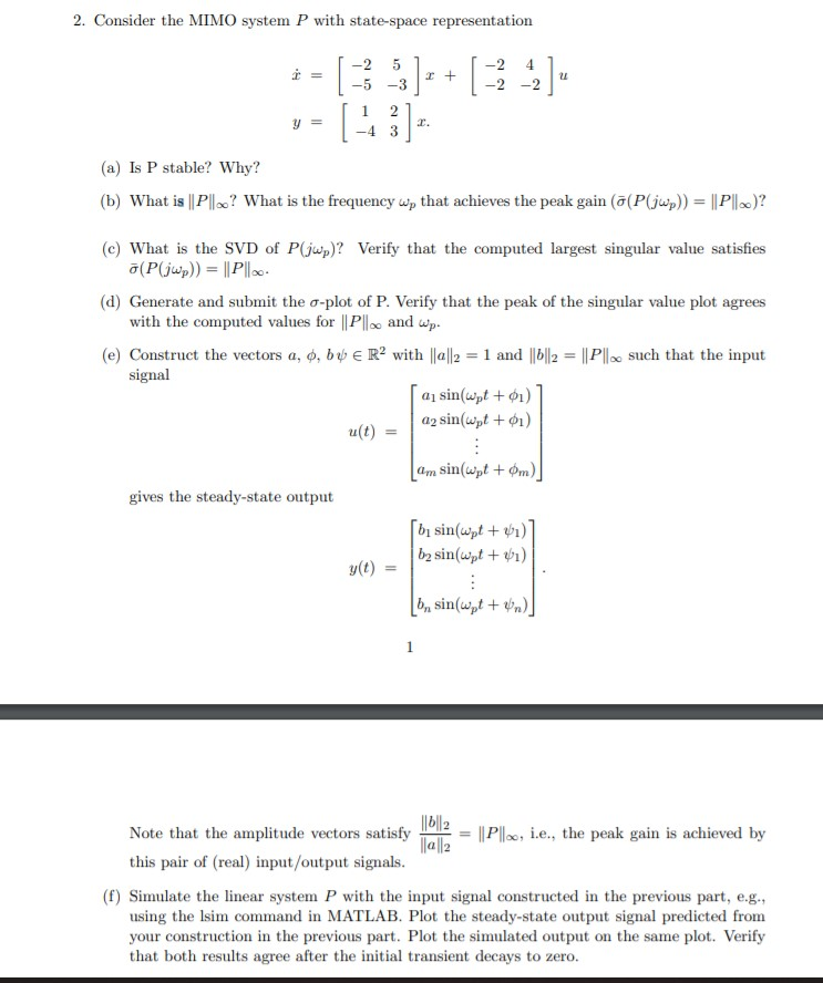 Solved 2. Consider the MIMO system P with state-space | Chegg.com