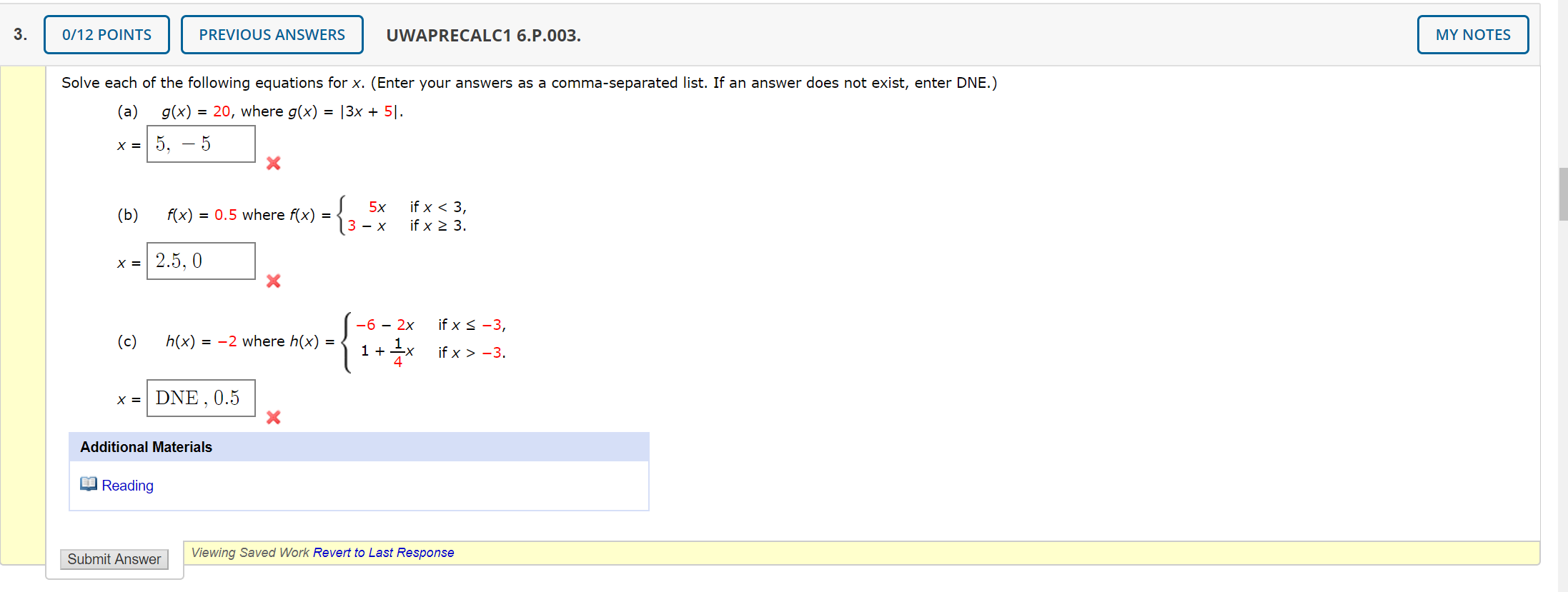 Solved 0/12 POINTS PREVIOUS ANSWERS UWAPRECALC1 6.P.003. MY | Chegg.com