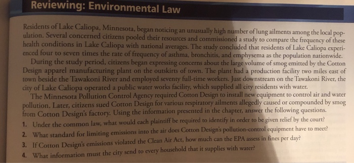 Solved Reviewing: Environmental Law ents of Lake Caliopa, | Chegg.com