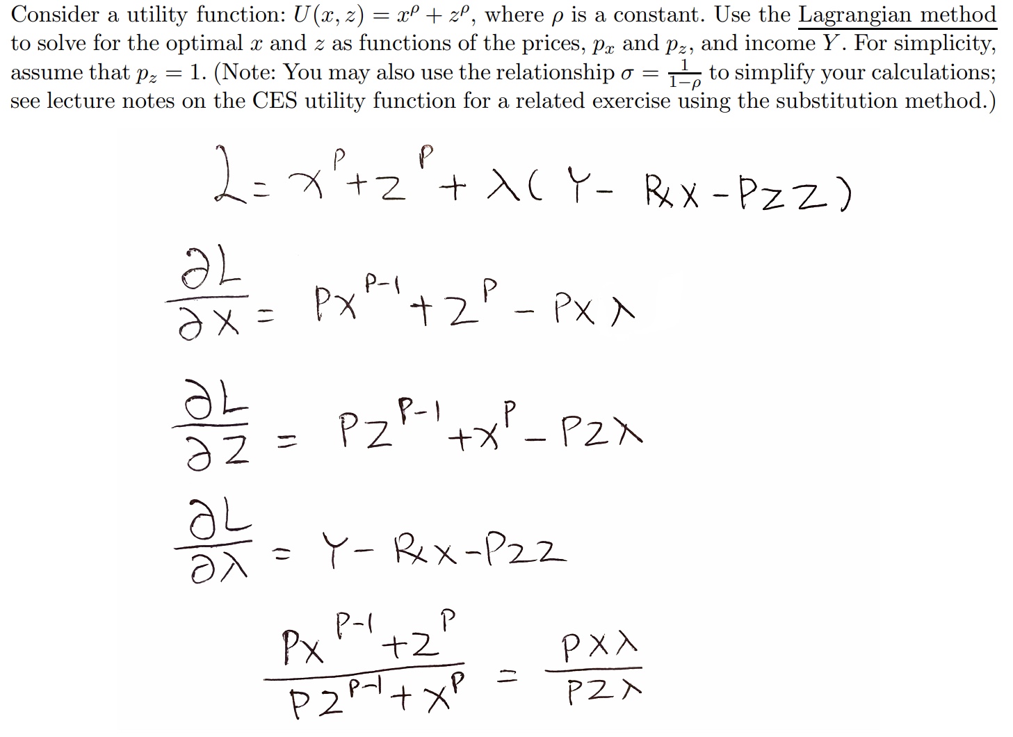 Solved Consider a utility function: U(x,z)=xρ+zρ, where ρ is | Chegg.com