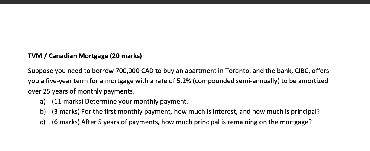 Solved TVM / Canadian Mortgage (20 marks) Suppose you need | Chegg.com