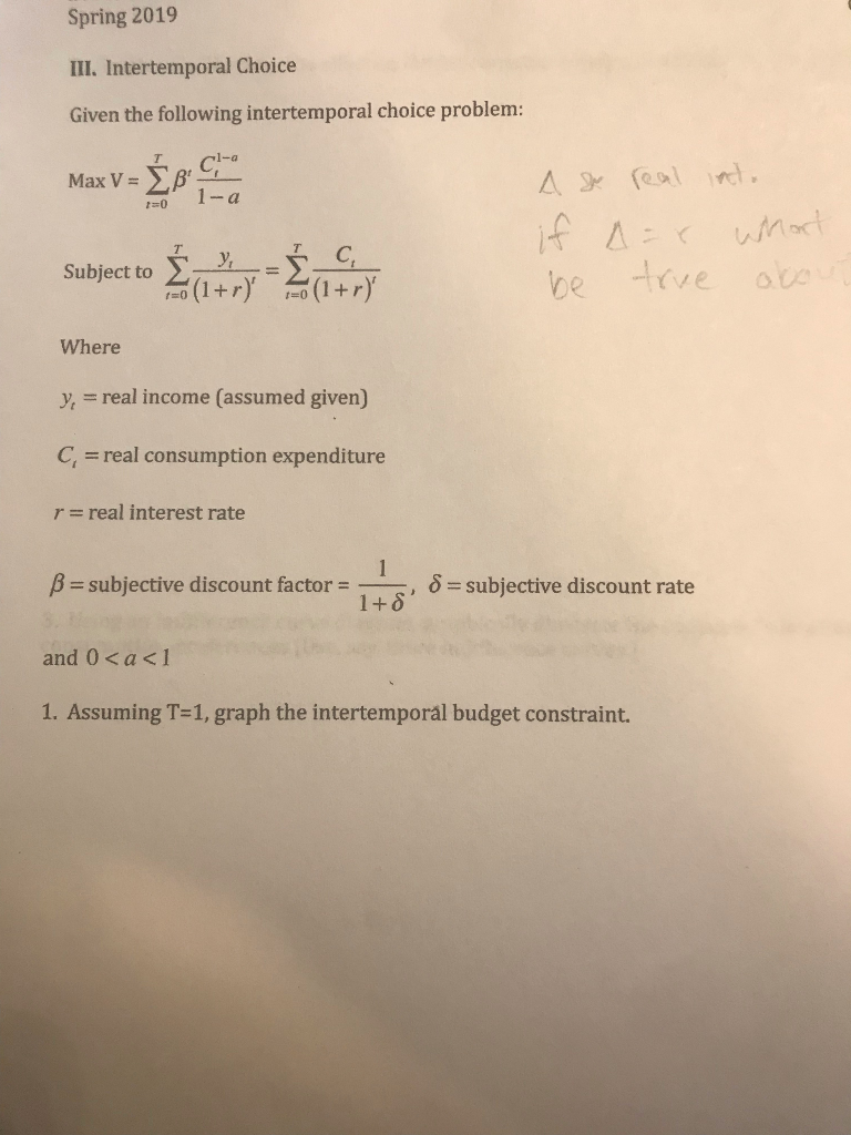 Spring 2019 III. Intertemporal Choice Given the | Chegg.com