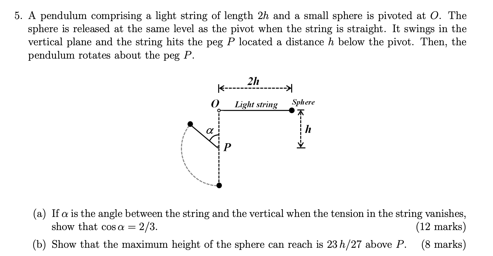 Solved 5. A pendulum comprising a light string of length 2h | Chegg.com