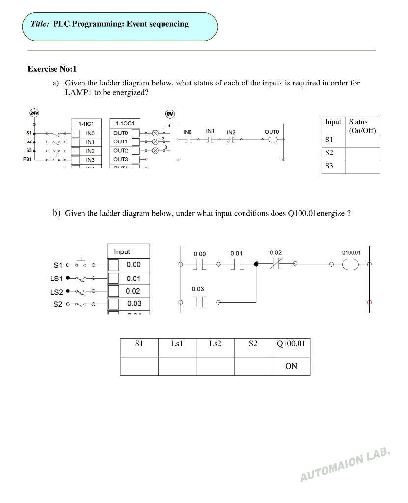 Title: PLC Programming: Event sequencing Exercise | Chegg.com