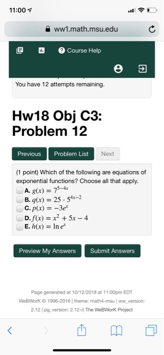 Solved 10:59 1 ww1.math.msu.edu 旦 m @Course Help Hw18 Obj | Chegg.com