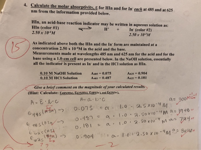Solved 4. Calculate the molar absorptivity, ε for Hin and | Chegg.com