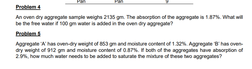 Solved Pan Pan Problem 4 An oven dry aggregate sample weighs | Chegg.com