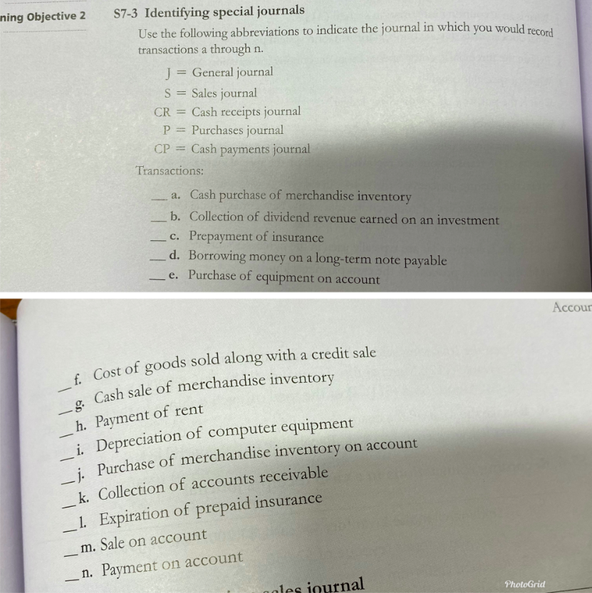 Solved ning Objective 2 S7-3 Identifying special journals | Chegg.com