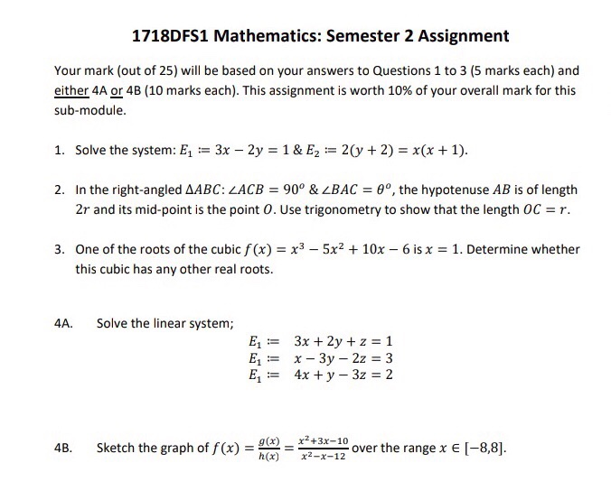 Solved 1718DFS1 Mathematics: Semester 2 Assignment Your mark | Chegg.com