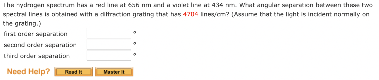 Solved The hydrogen spectrum has a red line at 656 nm and a | Chegg.com